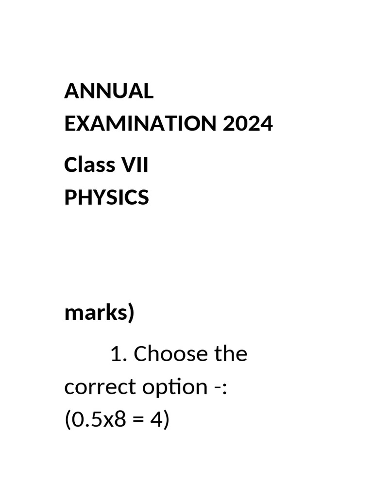 Class VII Physics Annual Exam 2024 | PDF | Sound | Heat