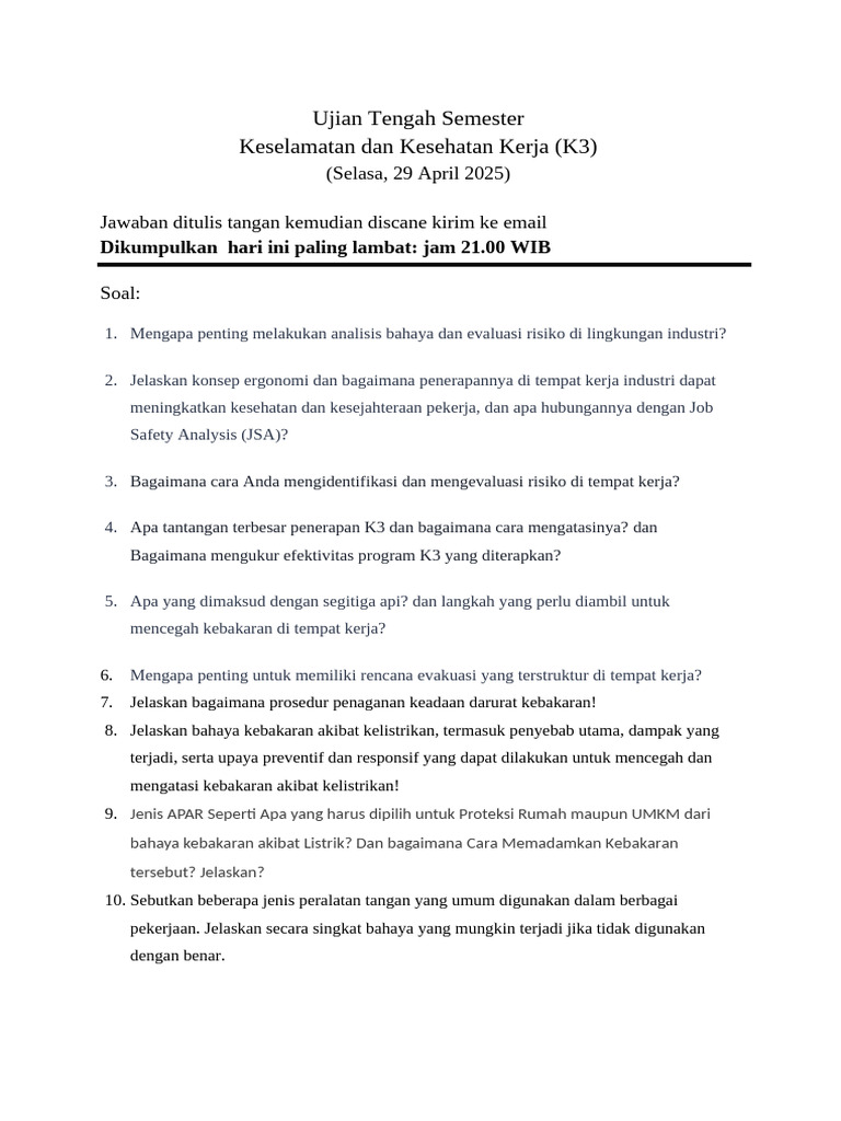 Soal UTS K3 Take Home - Genap 29 April 2025 | PDF