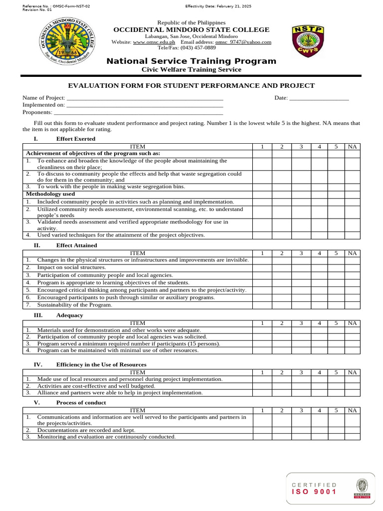 OMSC-Form-NST-02 Evaluation Form For Student Performance and Project ...