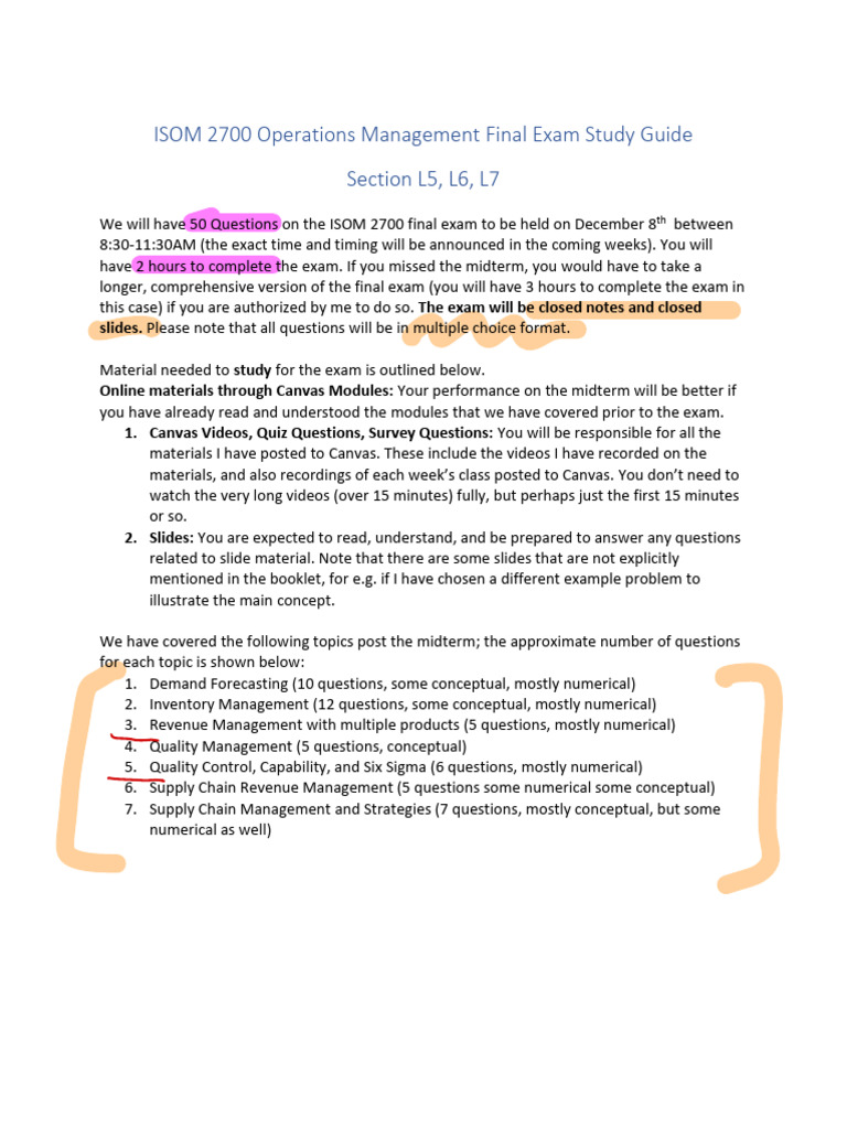 L5 L6 and L7 Final Exam Study Guide | PDF | Supply Chain | Forecasting