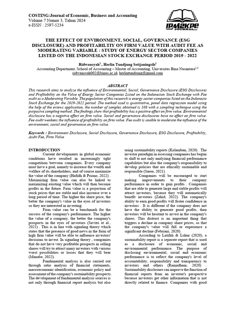 Esg Disclosure Dan Profitabilitas Terhadap Nilai Perusahaan, Audit Fee Variabel Moderating | PDF ...