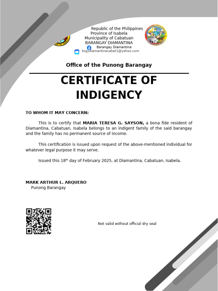 Certificate of Indigency - Barangay Diamantina | PDF