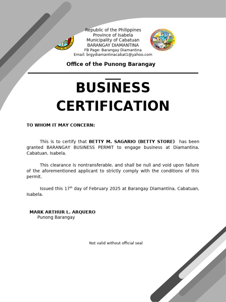 Business Permit Certification for Betty Store | PDF