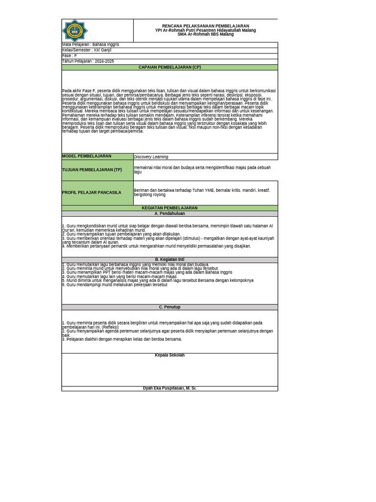 FORM of MODUL AJAR or LESSON PLAN 2024-2025 BAHASA INGGRIS 12 - November | PDF