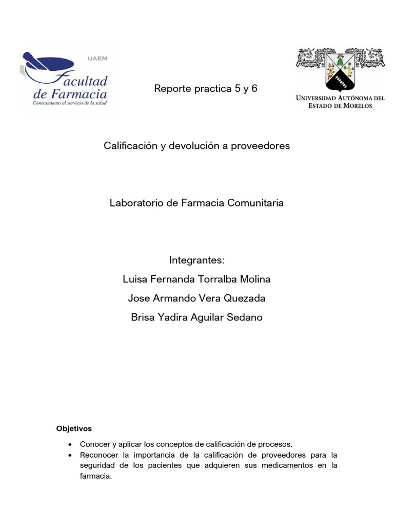 Reporte practica 5 y 6 | PDF | Farmacia | Calidad (comercial)