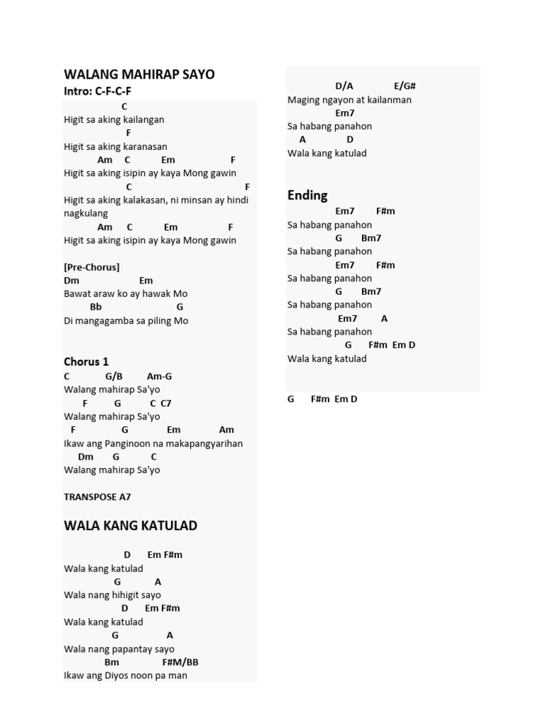 WALANG MAHIRAP SAYO and WALA KANG KATULAD CHORDS C-D | PDF