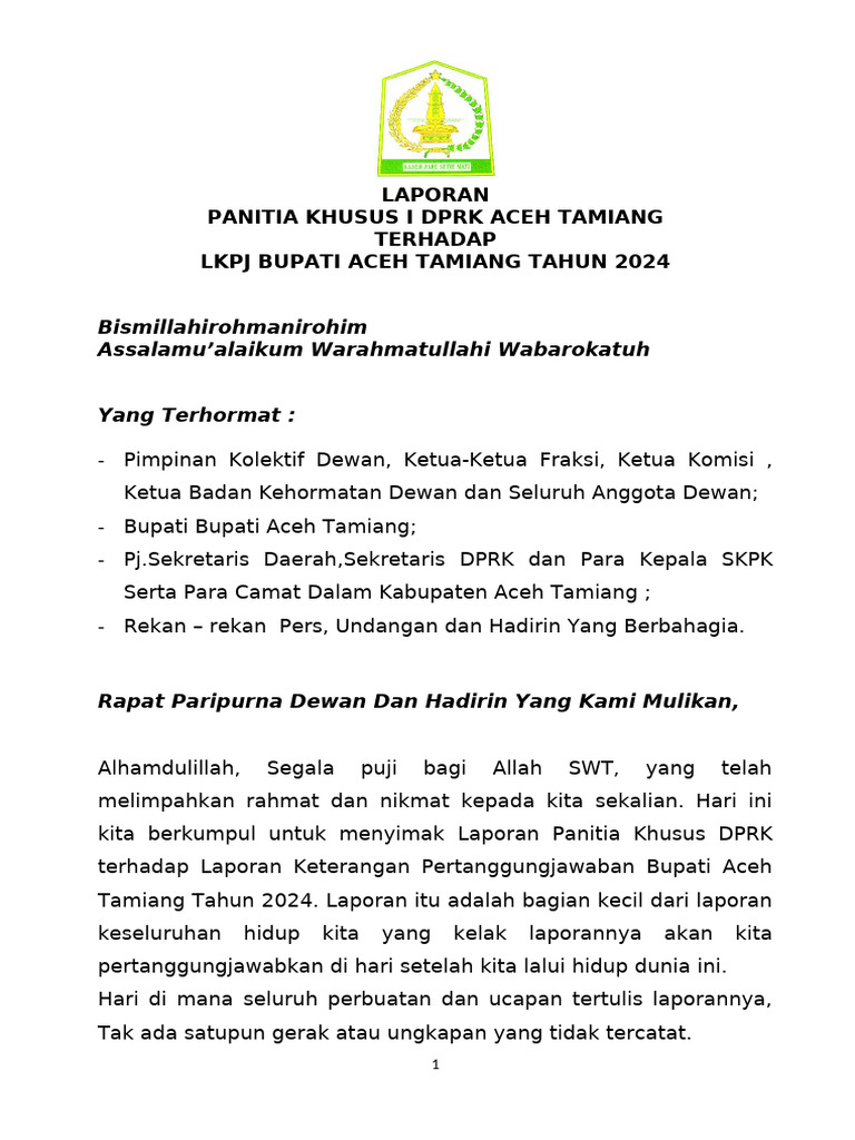 LKPJ Bupati Aceh Tamiang 2024: Evaluasi dan Rekomendasi | PDF