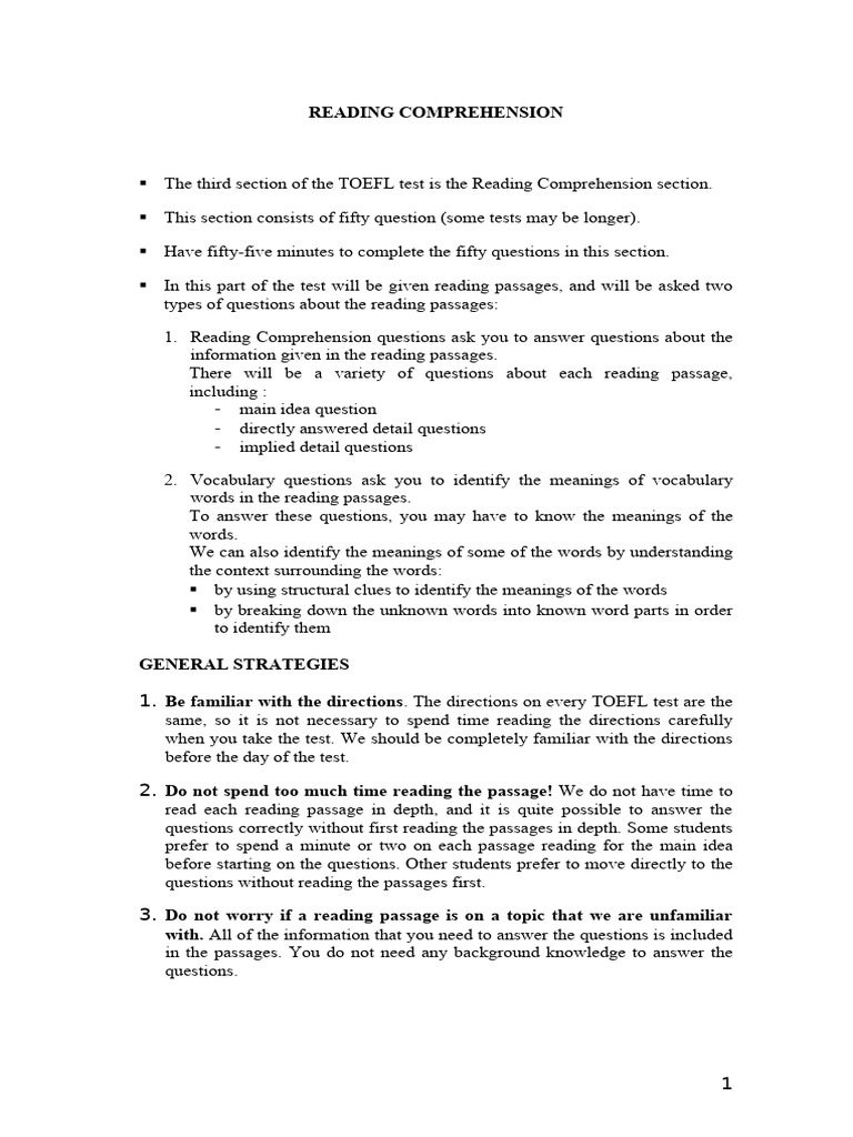 TOEFL Reading Comprehension Guide | PDF | Reading Comprehension ...