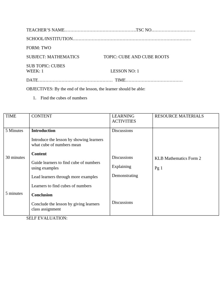 Form 2 KLB Mathematics Lesson Plans Term 1 | PDF | Learning | Mathematics