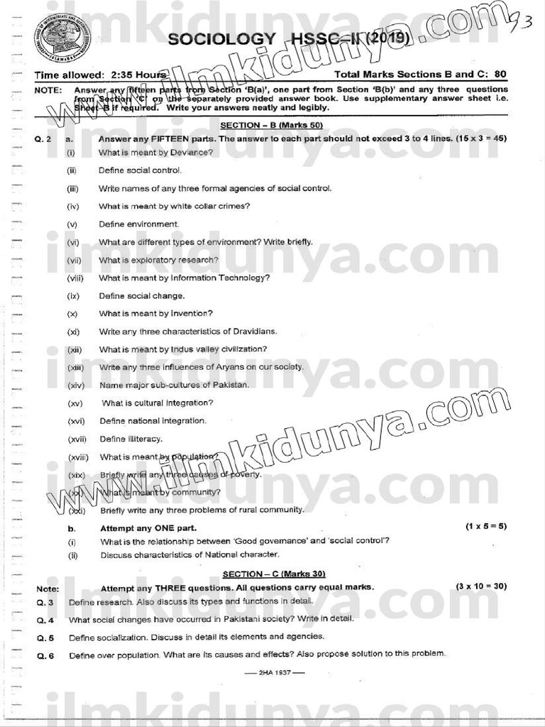 Past Paper 2019 Federal Board HSSC Inter Part 2 Sociology Subjective English Medium | PDF