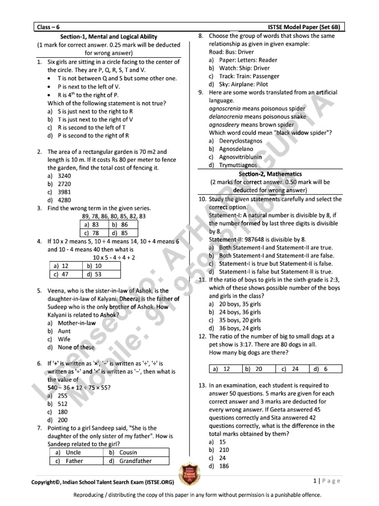 Class 6-ISTSE-P6-Model-Paper(Set-6B) | PDF
