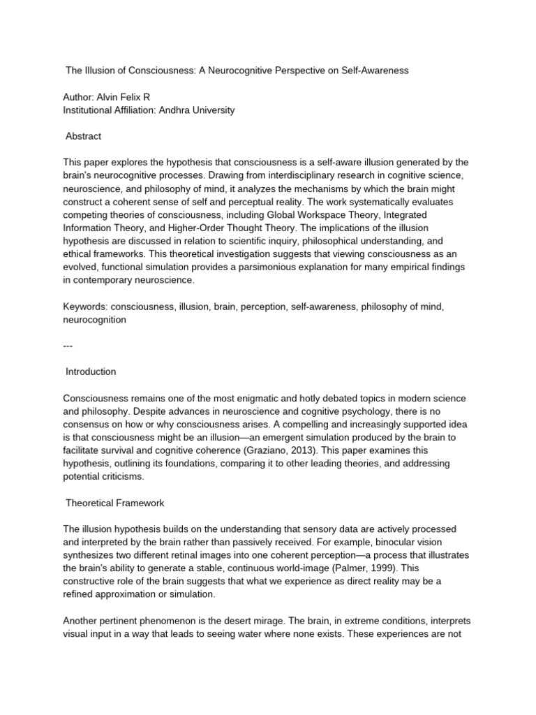 The Illusion of Consciousness - A Neurocognitive Perspective On Self-Awareness | PDF ...