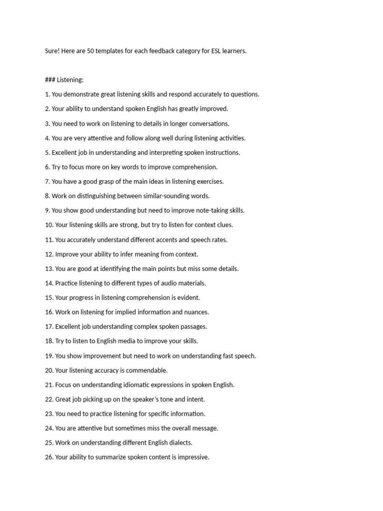 50 ESL Feedback Templates for Skills | PDF | Fluency | Reading ...
