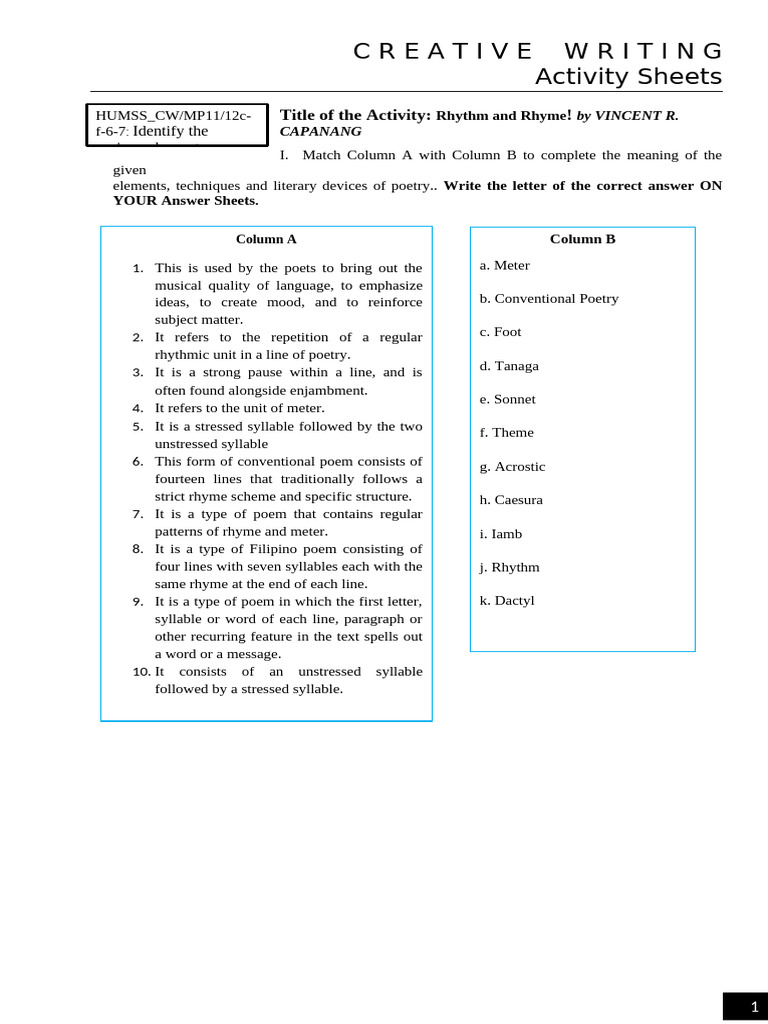 CREATIVE WRITING Module 1 MELC 2 Activities | PDF | Poetry | Metre (Poetry)