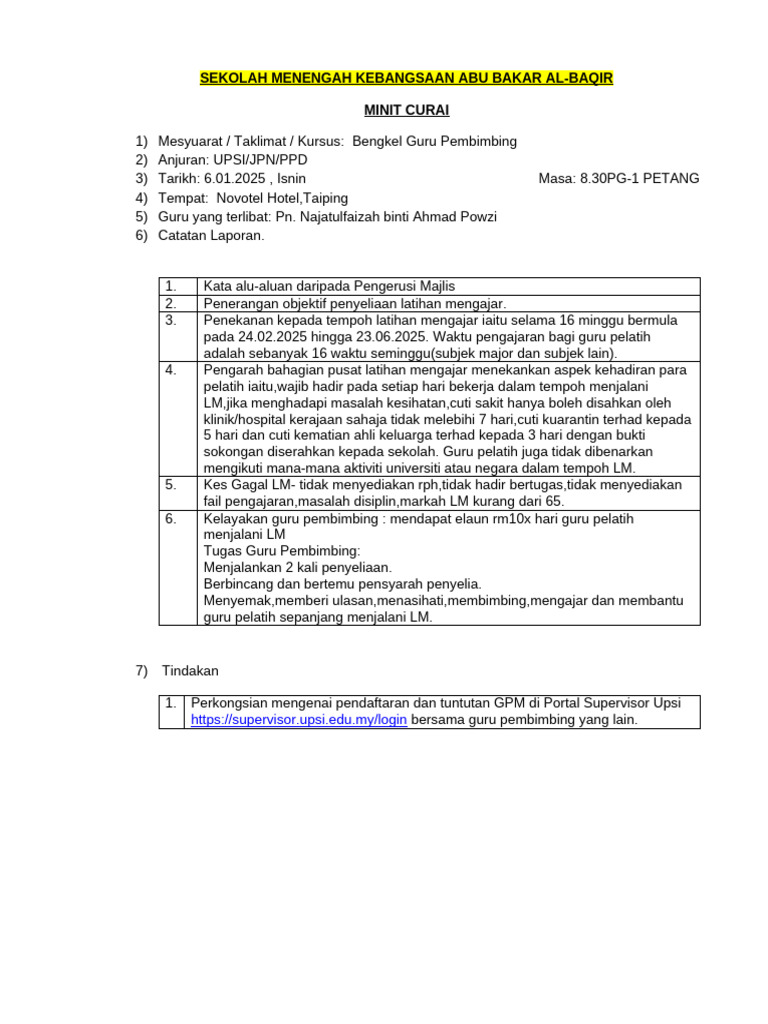 Minit Curai-Bengkel Guru Pembimbing 2025 | PDF