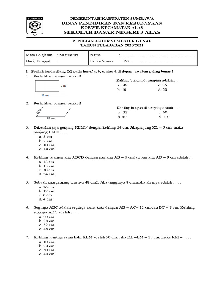 Soal PAS K13 MTK Kls 4 | PDF