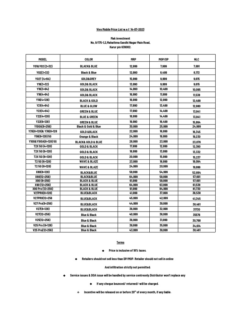 Vivo Mobile Price List 14-07-2023 NEW 2023 | PDF | Mobile Technology
