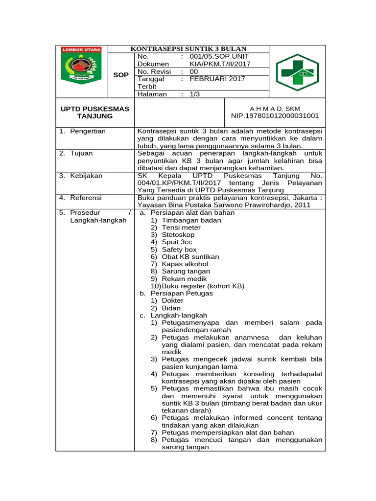 Sop KONTRASEPSI SUNTIK 3 BULAN | PDF