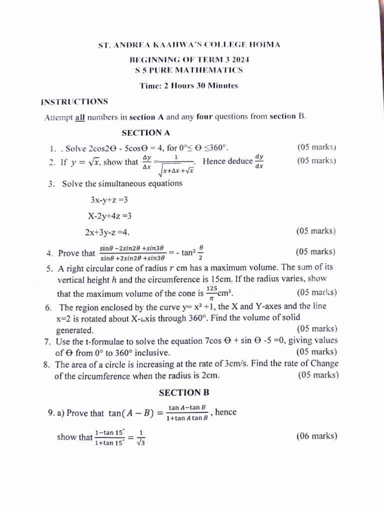 Pure Maths Paper ST Andrea Kaahwas College Hoima | PDF