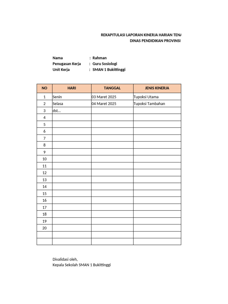 Format Laporan Kinerja Harian Non PNS 2025 | PDF