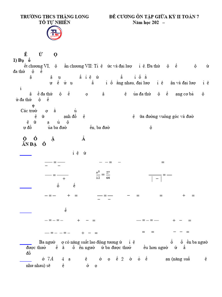 De Cuong Giua Ky 2 Toan 7 Nam 2024 2025 Truong Thcs Thang Long Ha Noi | PDF