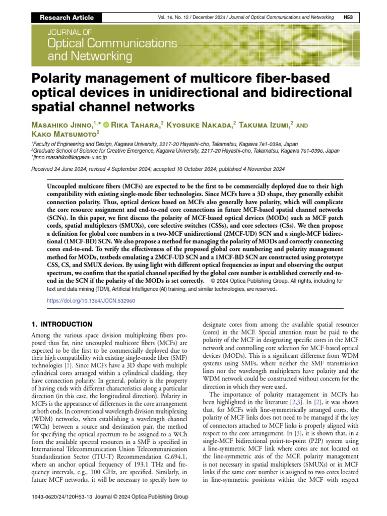 Polarity Management of Multicore Fiber-Based Optical Devices in Unidirectional and Bidirectional ...