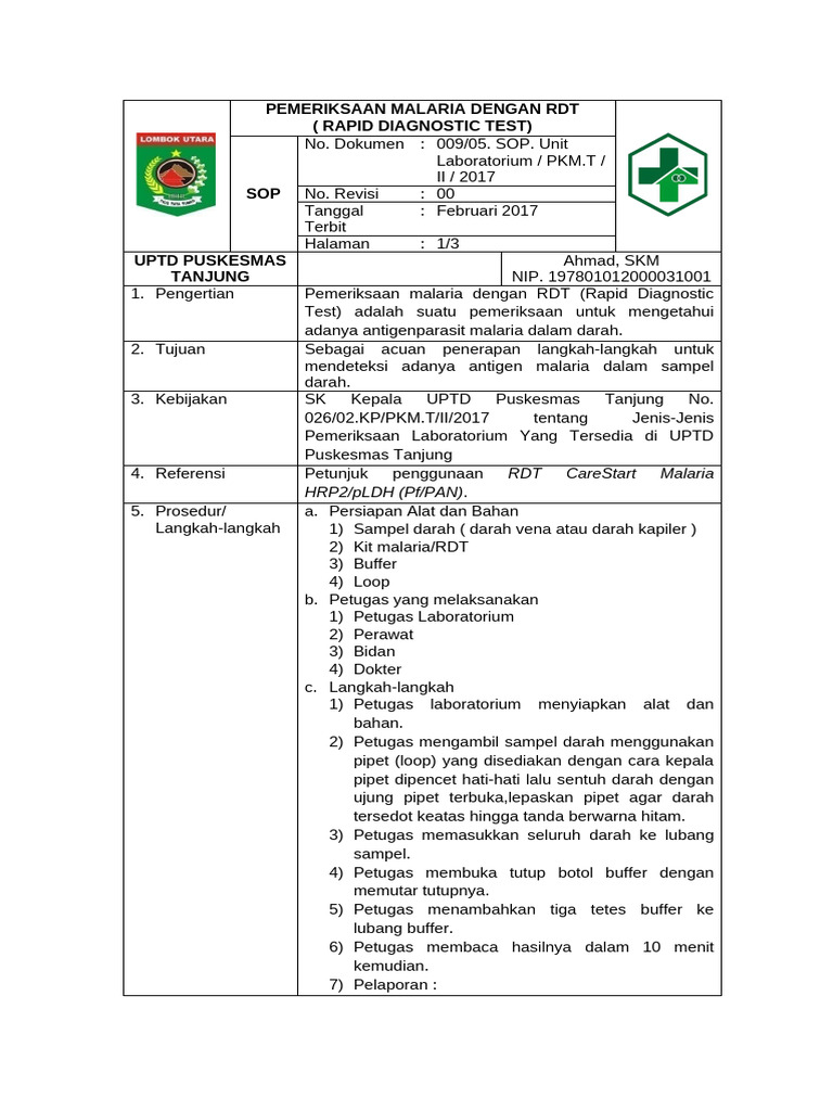 Sop Pemeriksaan Malaria Dengan RDT | PDF