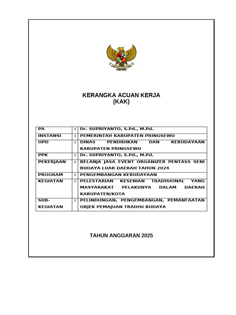 Kerangka Acuan Kerja Pentas Seni Luar Daerah 2025 | PDF