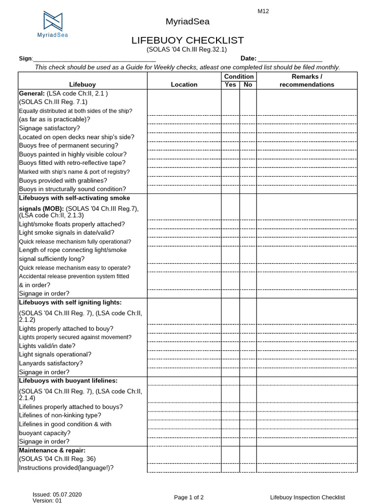 Lifebuoy Inspection Checklist (SOLAS) | PDF