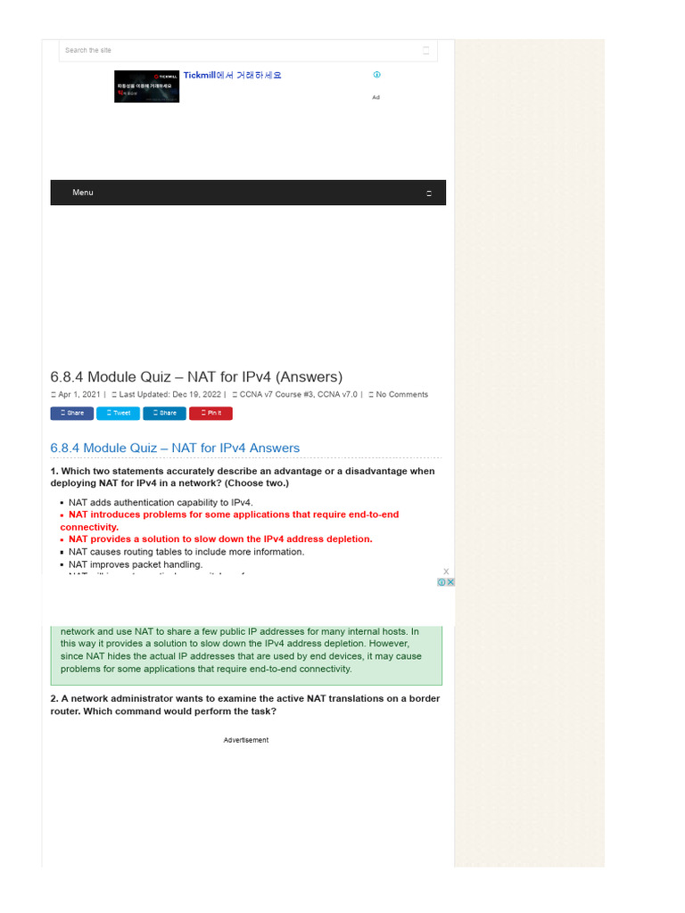 NAT for IPv4: Module Quiz Answers | PDF | Ip Address | I Pv6