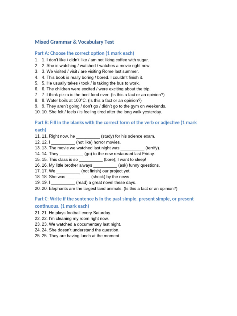 Mixed_Grammar_Vocabulary_Test_Updated | PDF