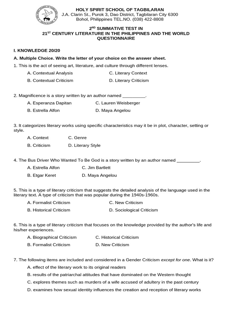 21st Century Literature Test Questionnaire | PDF | Multimedia | Liberal ...