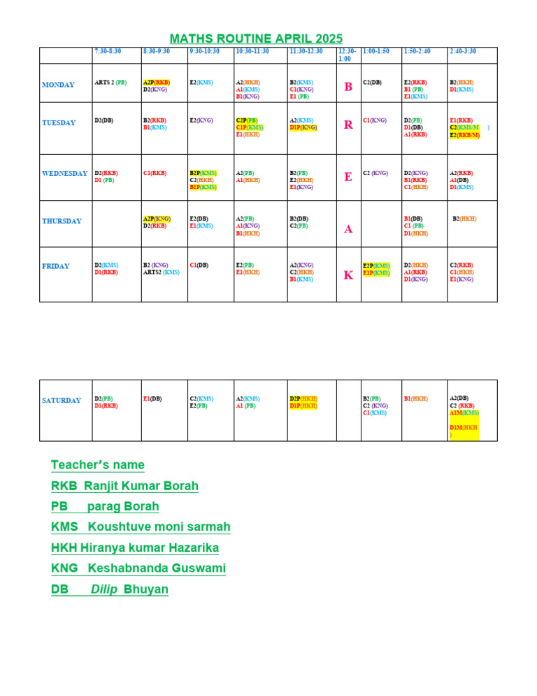 2025 Maths Routine 1st Year and 2nd Year | PDF