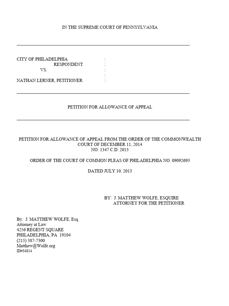 Lerner Petition For Allowance of Appeal | PDF | Taxes | Taxpayer
