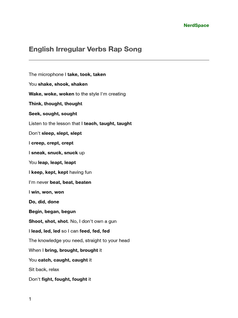 English Irregular Verbs Rap Song | PDF
