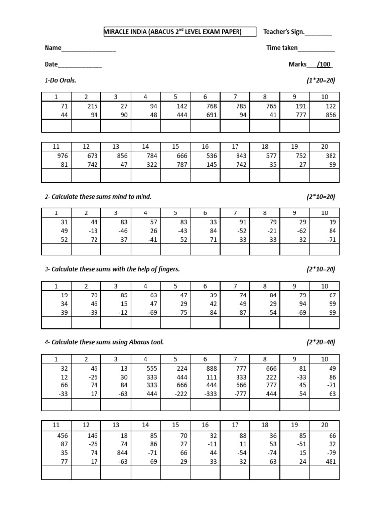 Abacus Level 2 Exam Paper | PDF | Mathematics