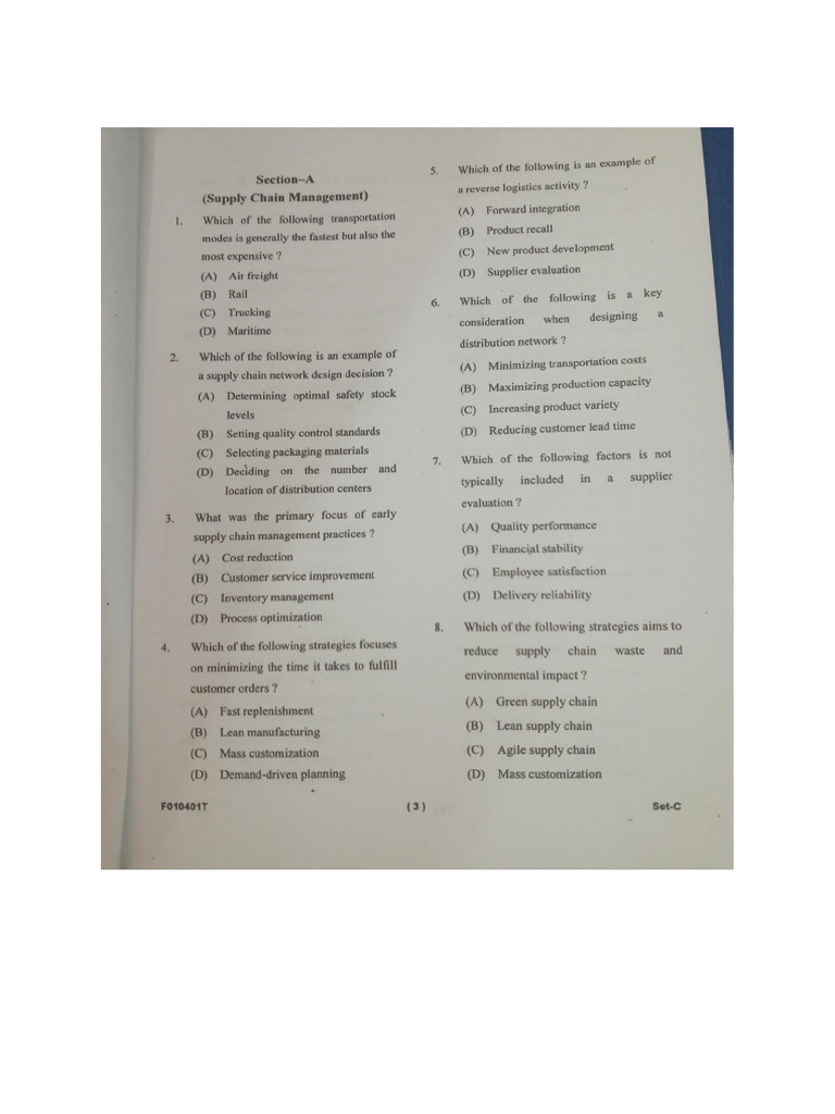 Supply Chain Management (Previous Year Question Paper) | PDF