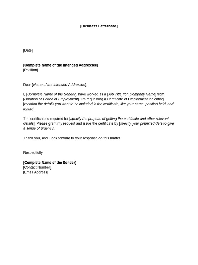 Request Letter for Certificate of Employment | PDF
