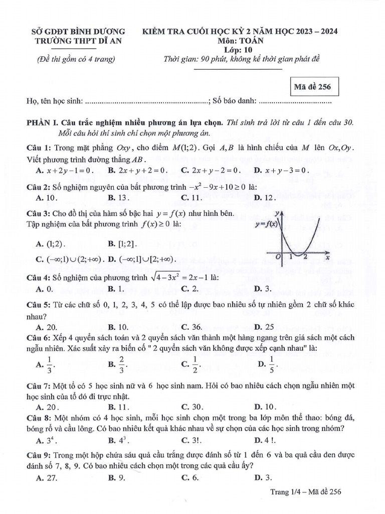 De Cuoi Hoc Ky 2 Toan 10 Nam 2023 2024 Truong THPT Di An Binh Duong | PDF