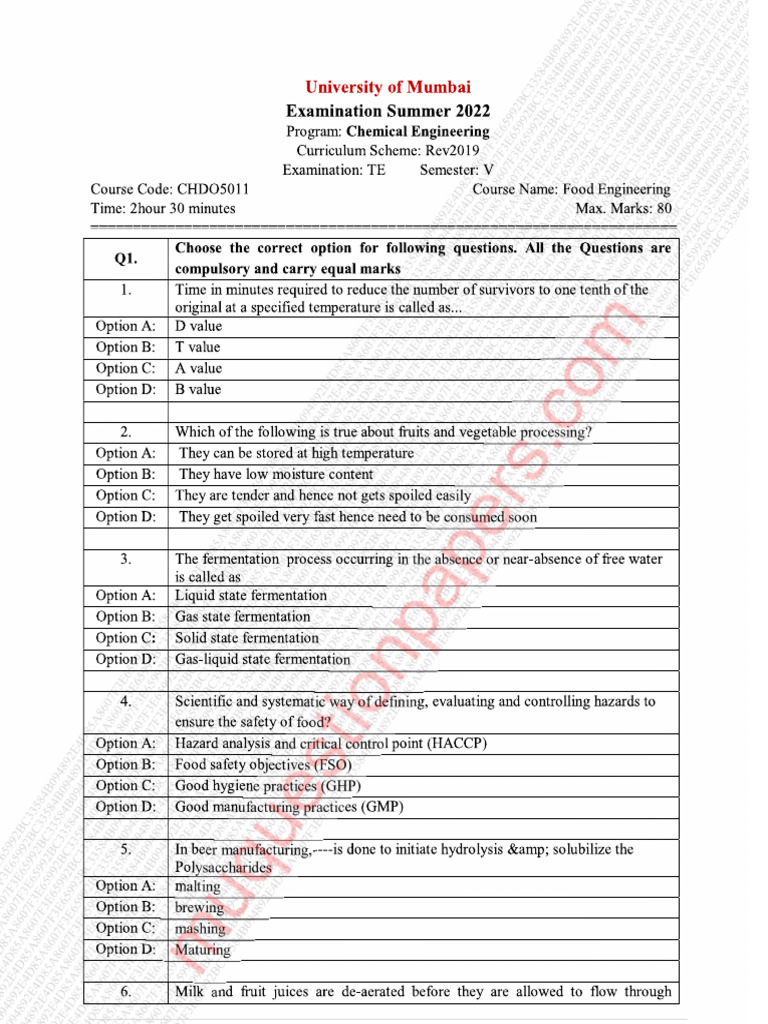 Be - Chemical Engineering - Semester 5 - 2022 - May - Food ...