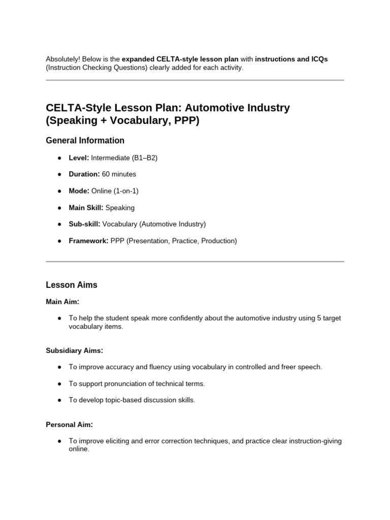 Sample CELTA Lesson Plan | PDF | Vocabulary | Car