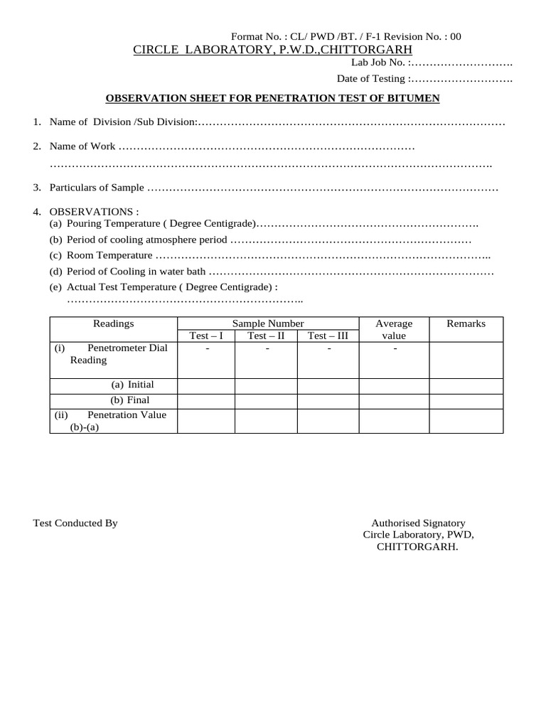 Observation Sheet TEST PWD Formats-Chitorgarh | PDF | Materials