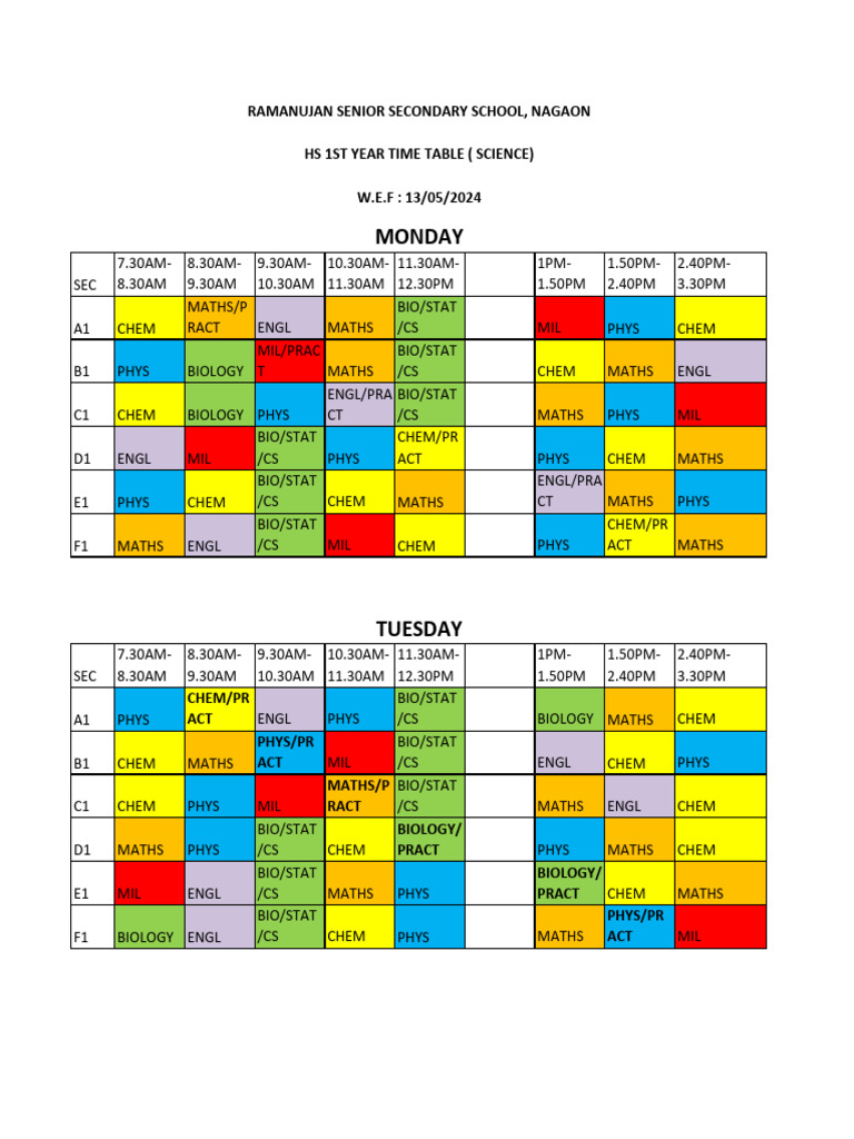 HS 1ST YEAR SCIENCE TIME TABLE 2024-1 | PDF
