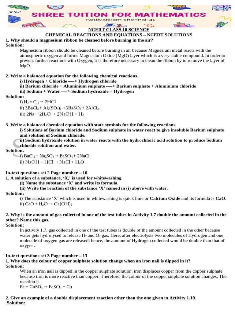 Chemical Reactions and Equations - Book Inside and Exemplar Solutions ...
