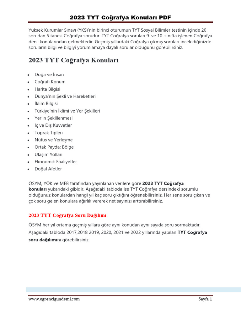 27094204 2023 TYT Cografya Konulari | PDF