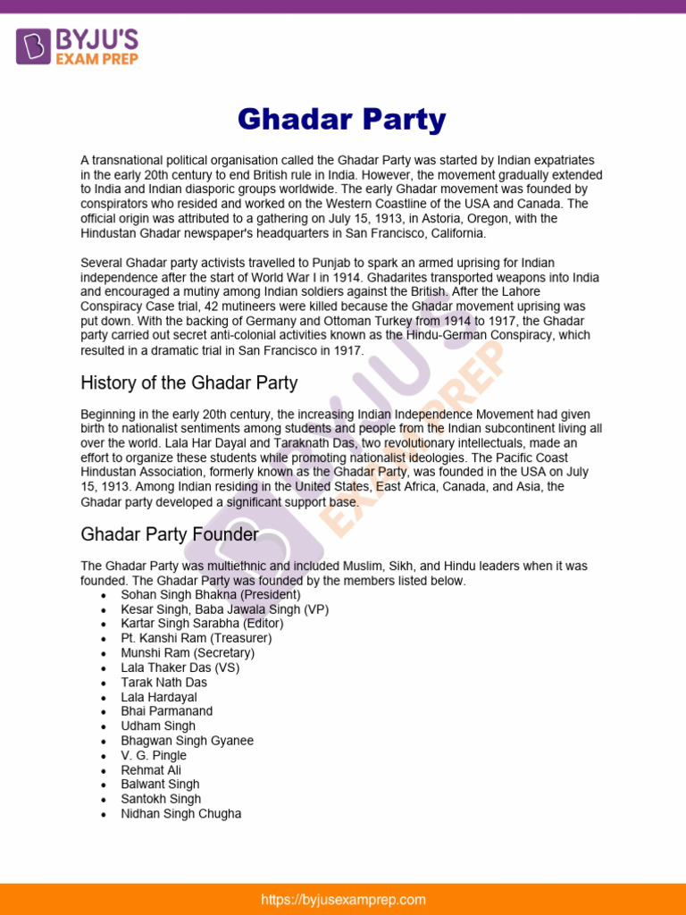 Ghadar Party Upsc Notes 76 | PDF | Resistance To The British Empire ...