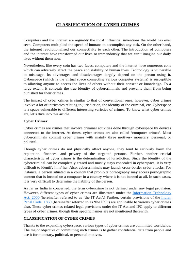 Classification of Cyber Crimes | PDF | Cybercrime | Defamation