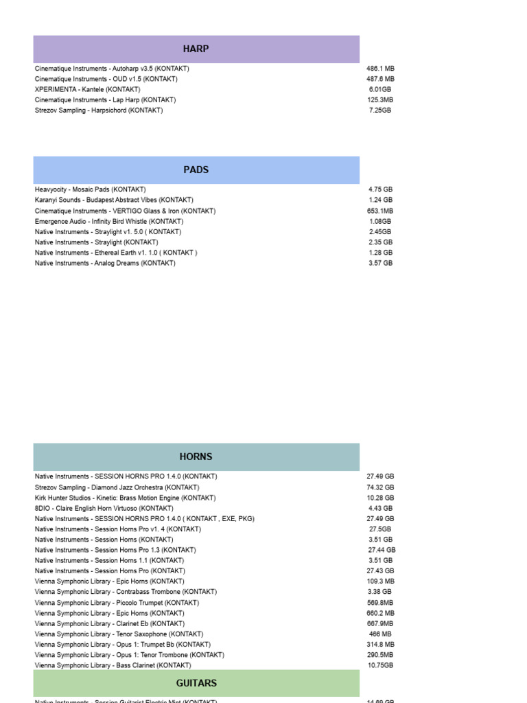 Kontakt Libraries - DR Plugins - XLSX - Sheet1 | PDF | Piano | Orchestras
