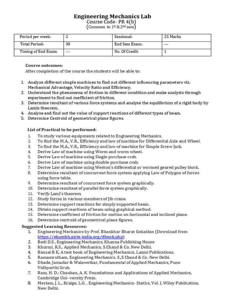 Engg - Mechanics Lab Syllabus | PDF | Machines | Force