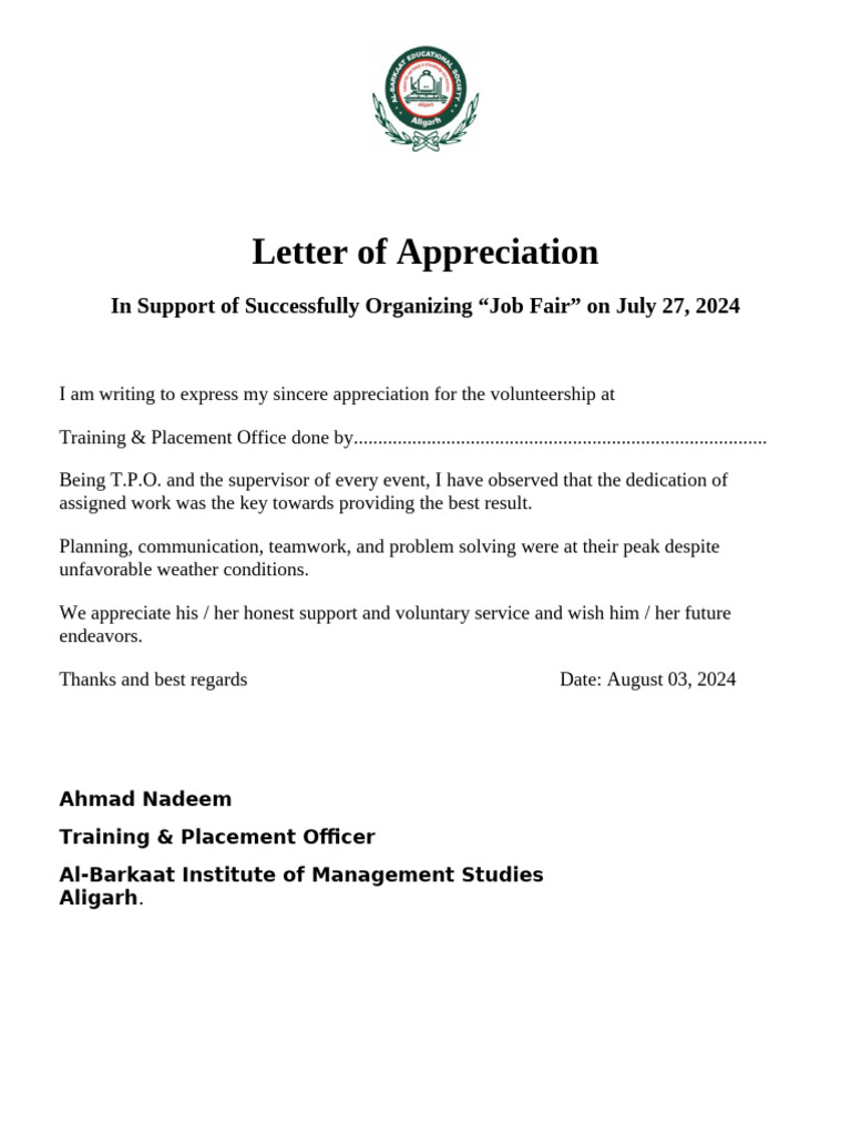 Appreciation Letter For Job Fair at 27-07-2024 | PDF
